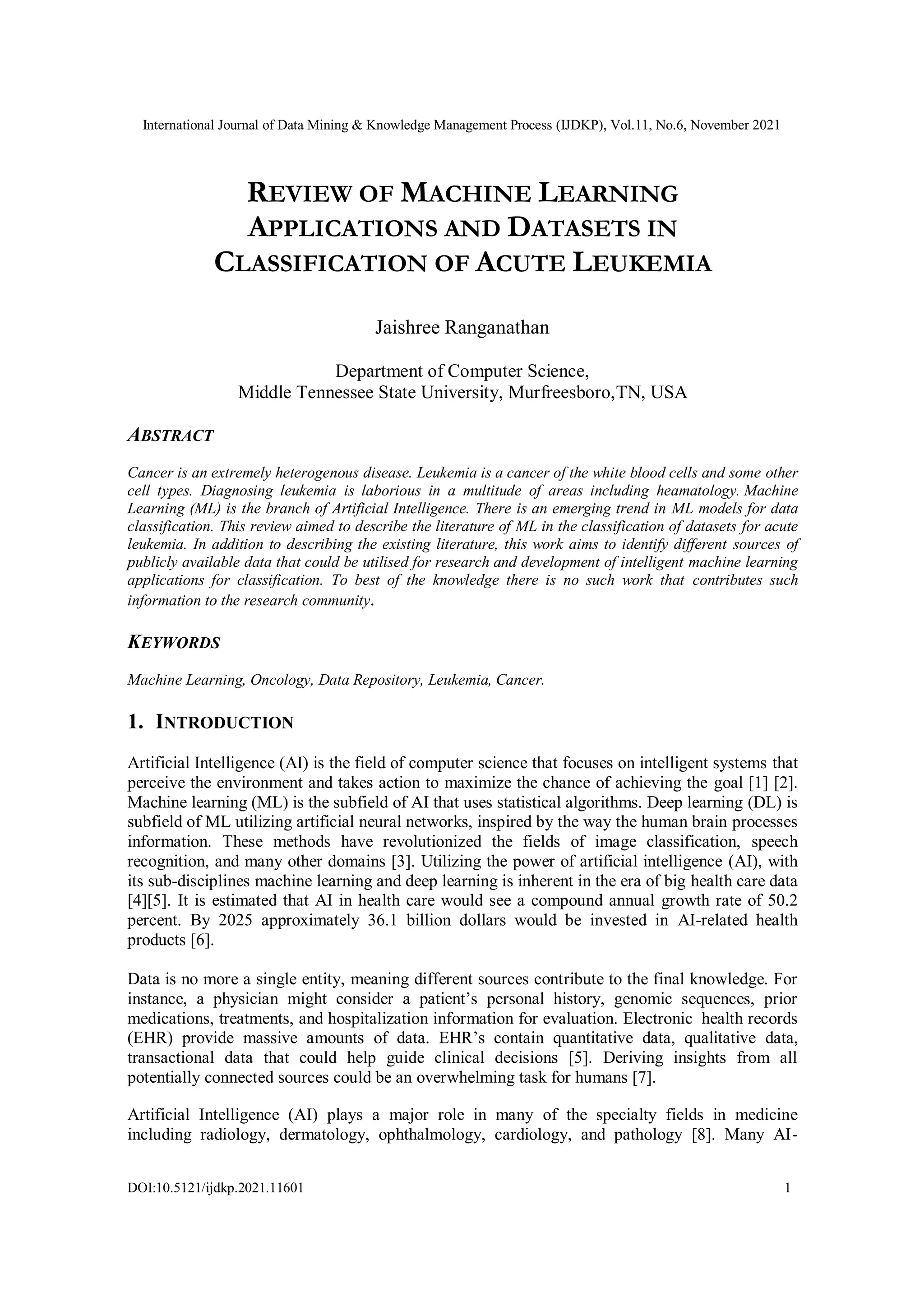 REVIEW OF MACHINE LEARNING APPLICATIONS AND DATASETS IN CLASSIFICATION OF ACUTE LEUKEMIA | PDF