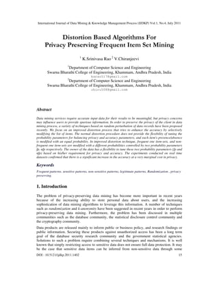 Distortion Based Algorithms For Privacy Preserving Frequent Item Set Mining | PDF