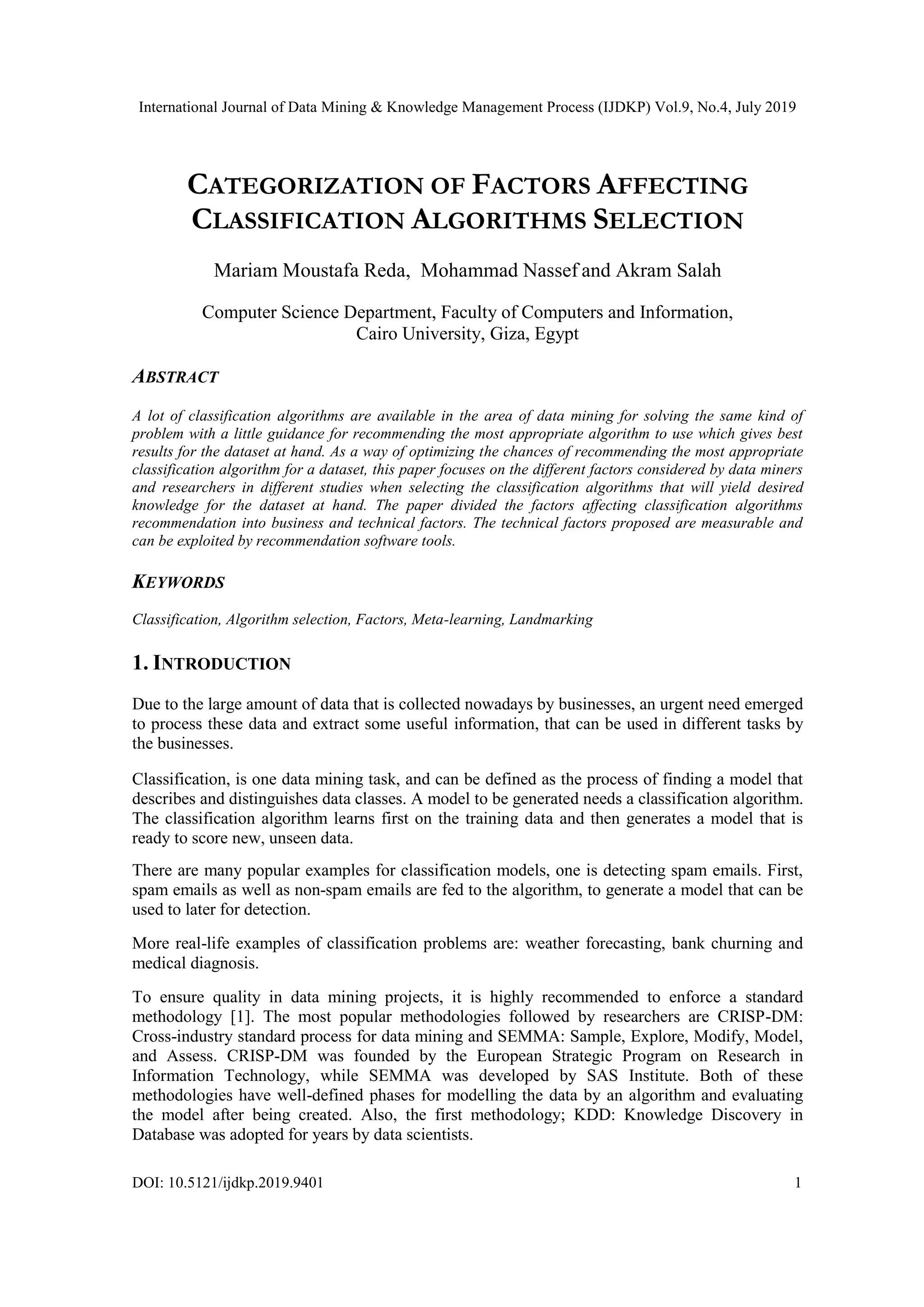 CATEGORIZATION OF FACTORS AFFECTING CLASSIFICATION ALGORITHMS SELECTION | PDF