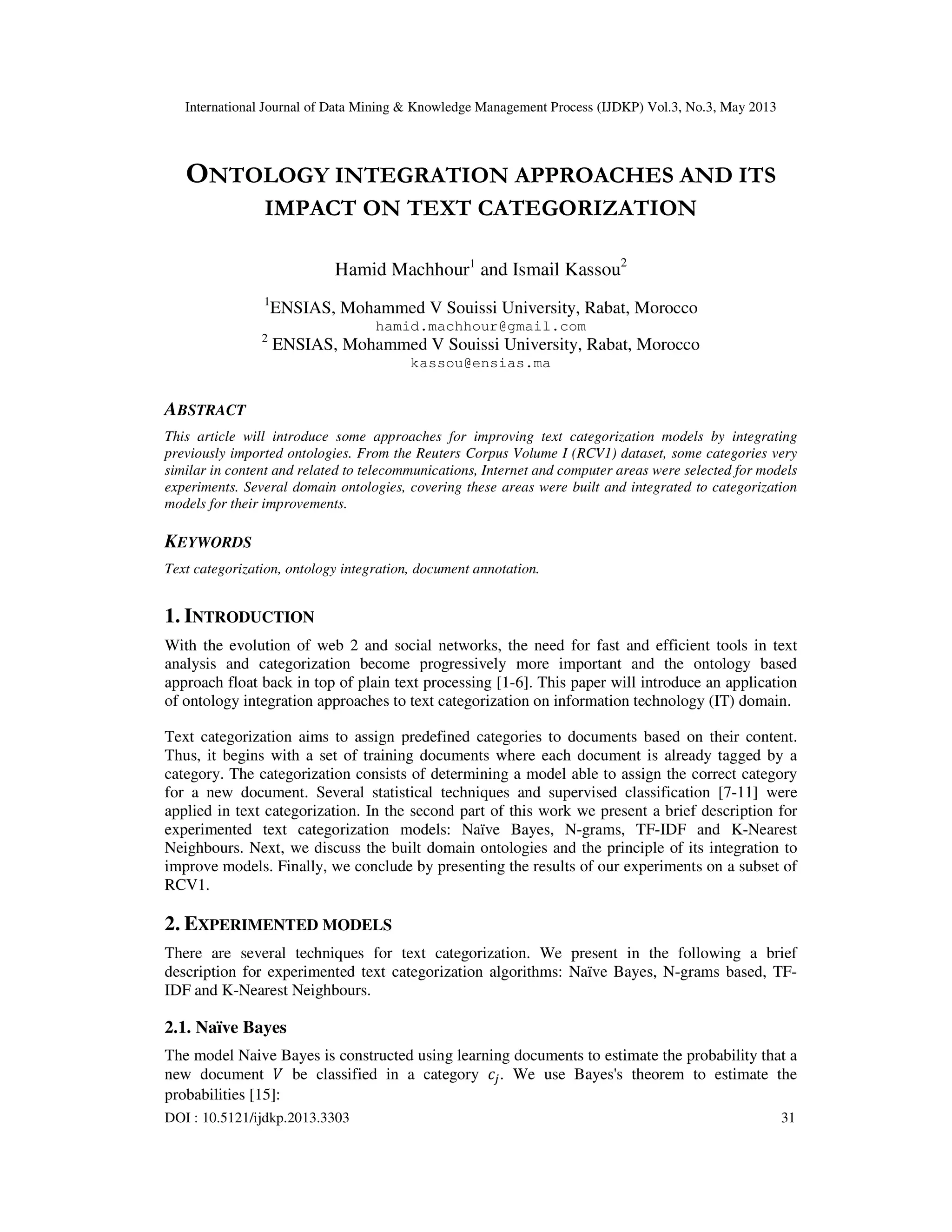ONTOLOGY INTEGRATION APPROACHES AND ITS IMPACT ON TEXT CATEGORIZATION | PDF