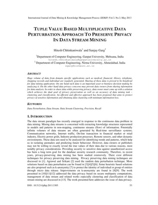 TUPLE VALUE BASED MULTIPLICATIVE DATA PERTURBATION APPROACH TO PRESERVE ...