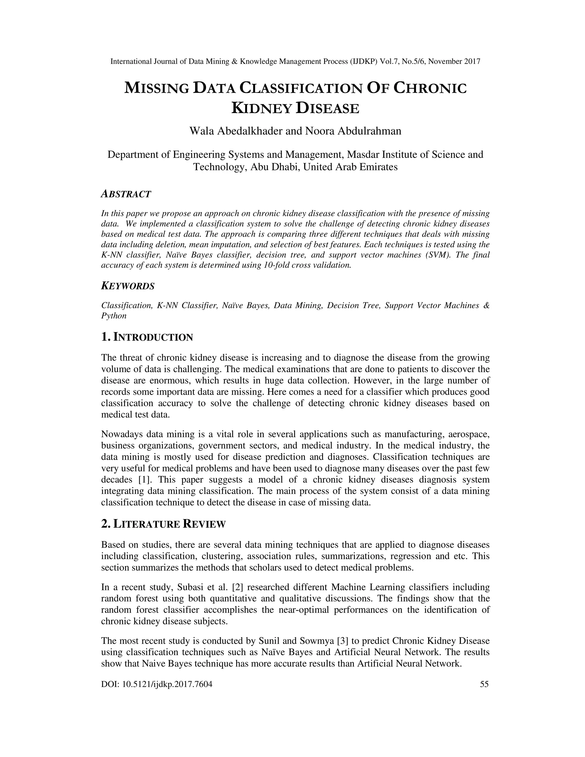MISSING DATA CLASSIFICATION OF CHRONIC KIDNEY DISEASE | PDF