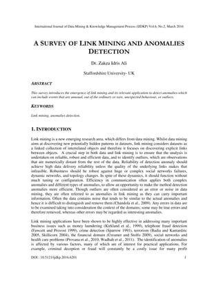 A SURVEY OF LINK MINING AND ANOMALIES DETECTION | PDF