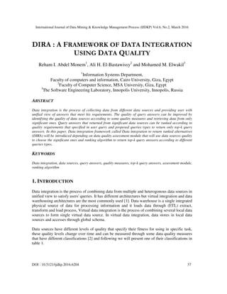 DIRA : A FRAMEWORK OF DATA INTEGRATION USING DATA QUALITY | PDF