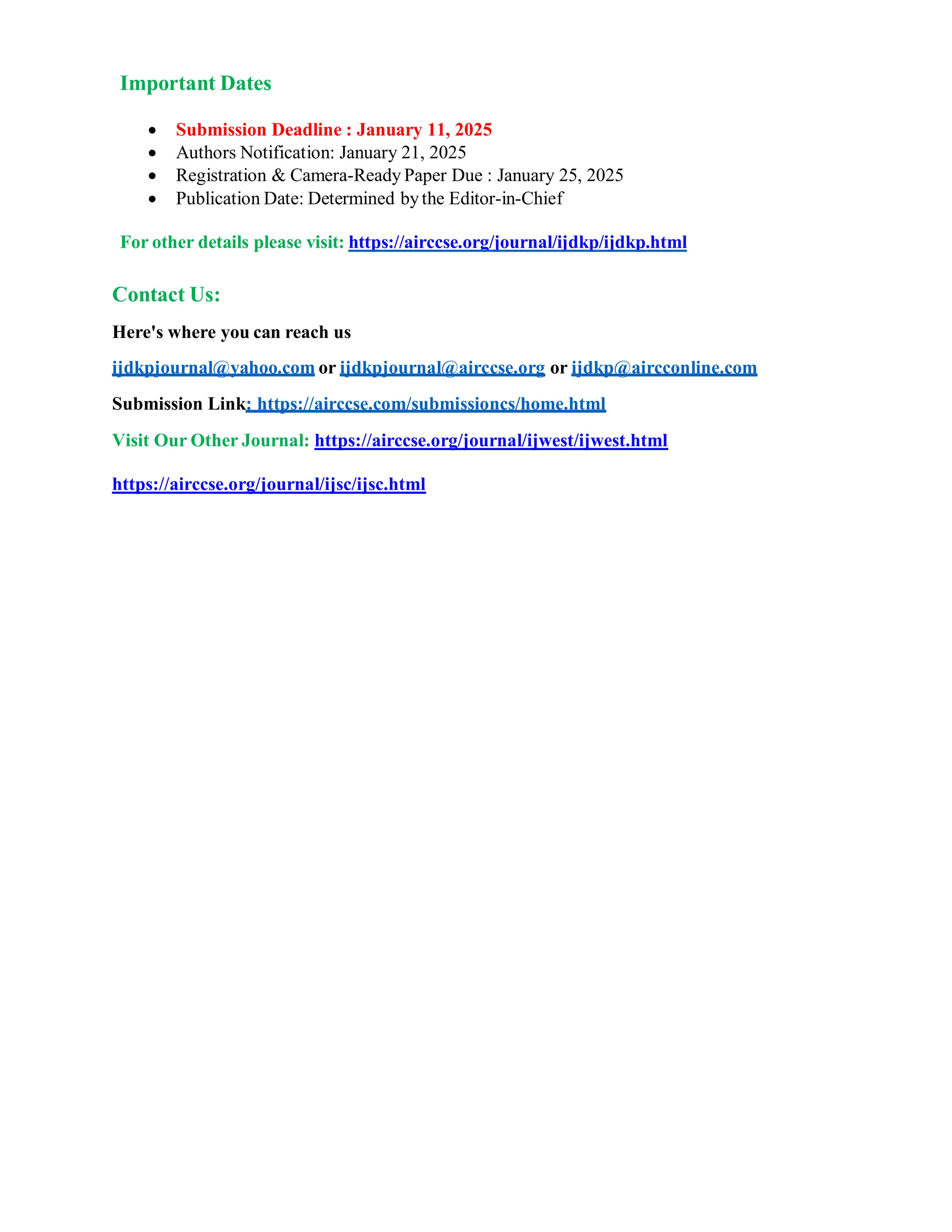WJCI Indexed - CFP - International Journal of Data Mining & Knowledge Management Process ( IJDKP ...