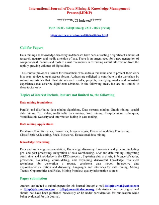 Upcoming Issue - International Journal of Data Mining & Knowledge Management Process ( IJDKP ) | PDF