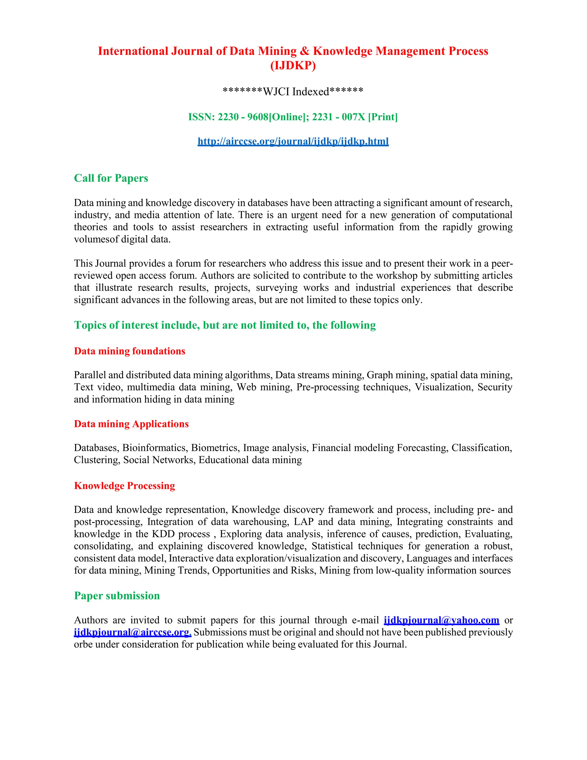 Submit Your Research Papers-International Journal of Data Mining & Knowledge Management Process ...