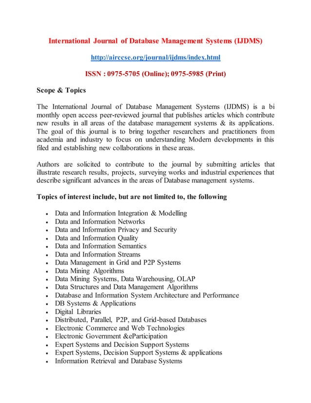 International Journal of Database Management Systems (IJDMS) | PDF