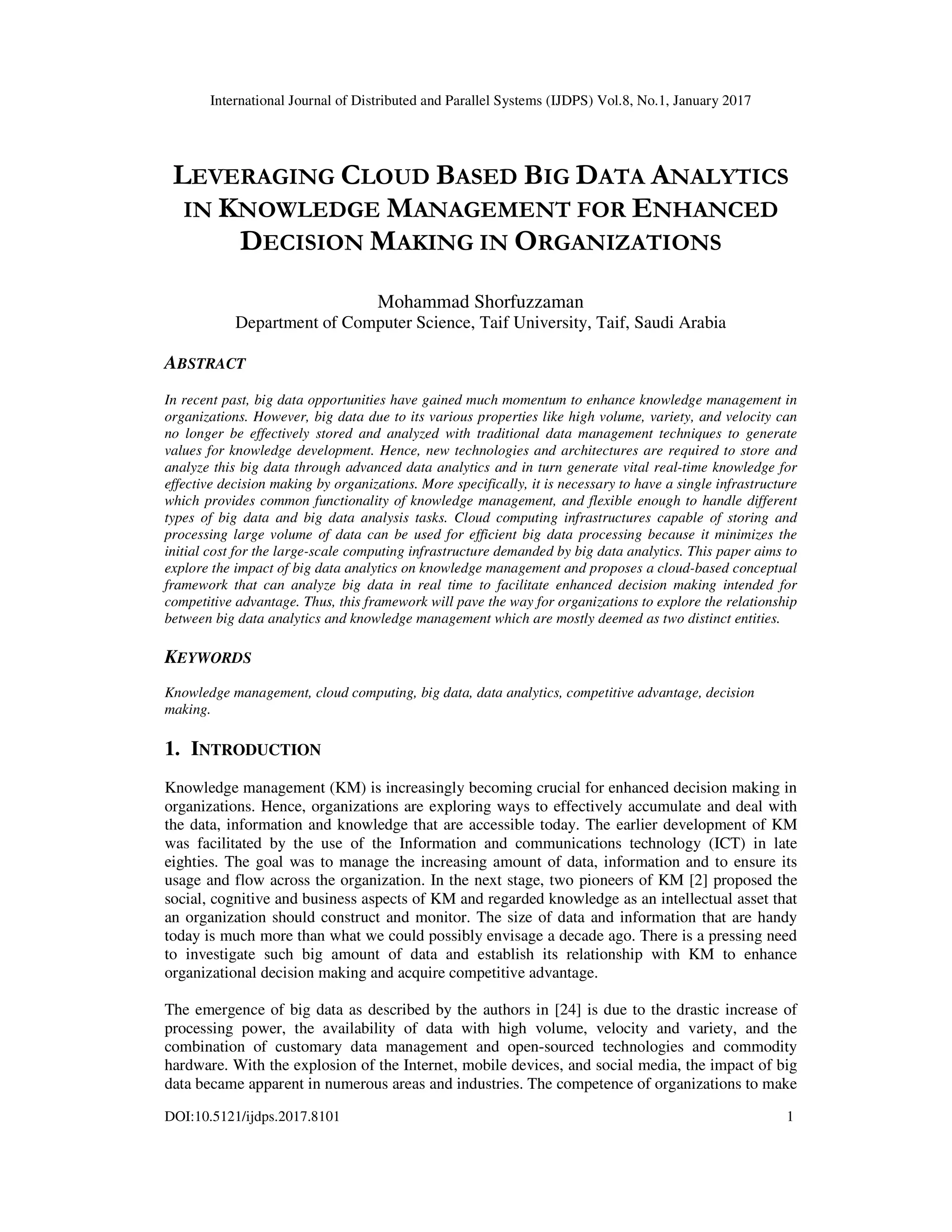 Leveraging Cloud Based Big Data Analytics In Knowledge Management For Enhanced Decision Making