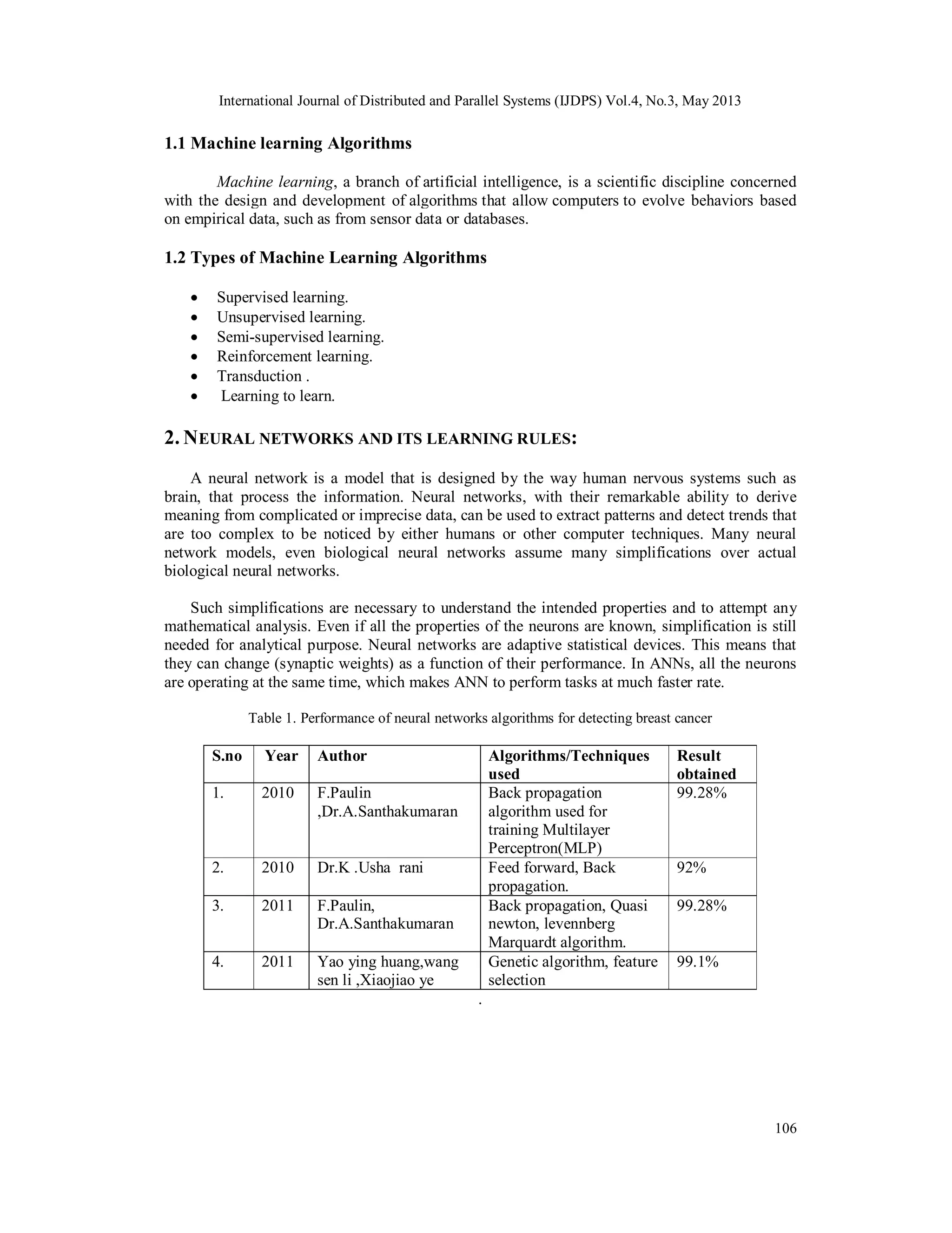 BREAST CANCER DIAGNOSIS USING MACHINE LEARNING ALGORITHMS –A SURVEY | PDF