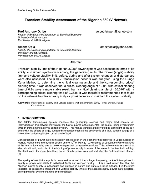 Transient Stability Assessment of the Nigerian 330kV Network. | PDF