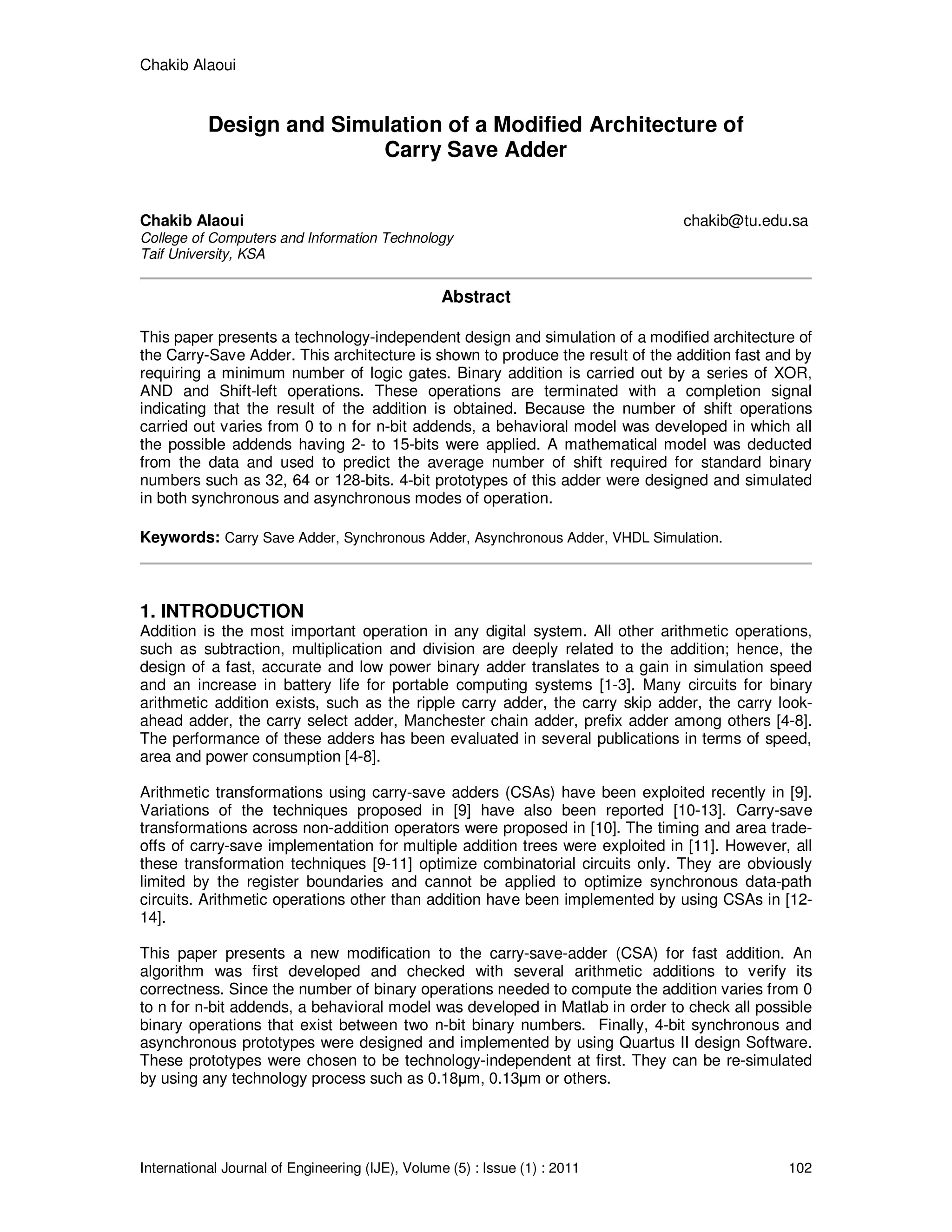 Design and Simulation of a Modified Architecture of Carry Save Adder | PDF