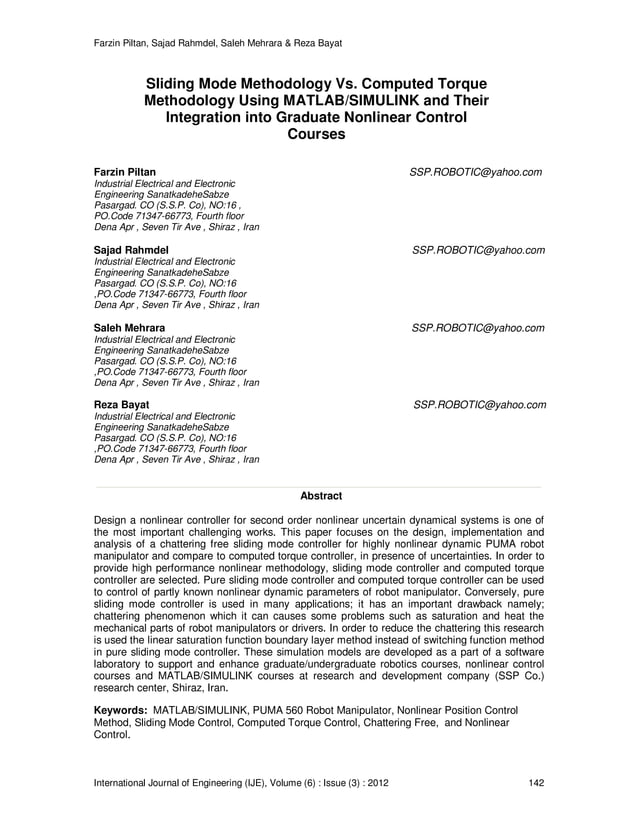 Sliding Mode Methodology Vs. Computed Torque Methodology Using MATLAB/SIMULINK and Their ...