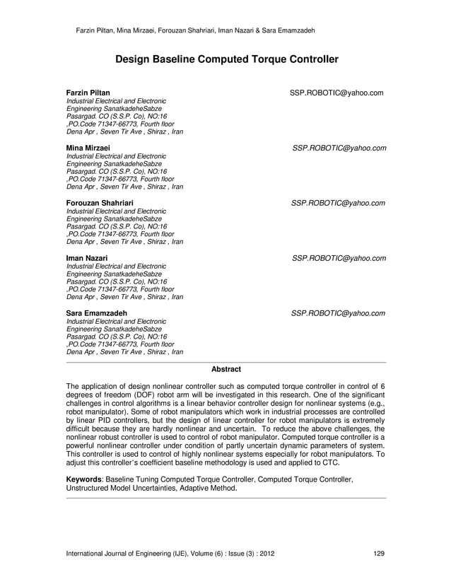 Design Baseline Computed Torque Controller | PDF