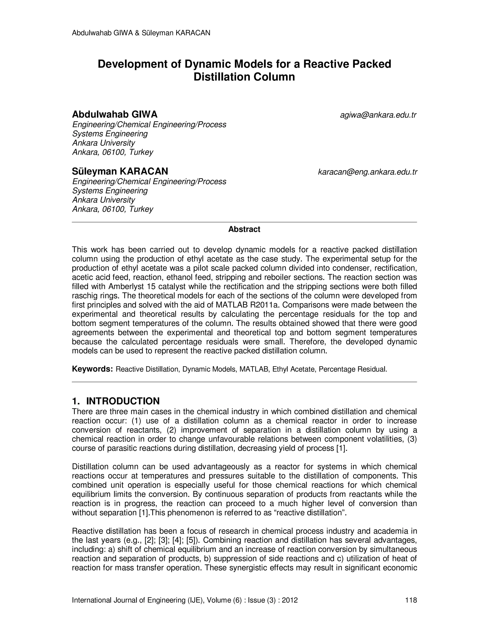 Development of Dynamic Models for a Reactive Packed Distillation Column | PDF | Chemistry | Science