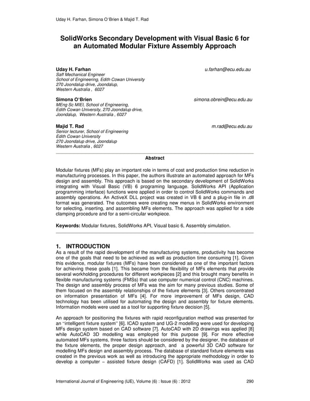 SolidWorks Secondary Development with Visual Basic 6 for an Automated Modular Fixture Assembly ...