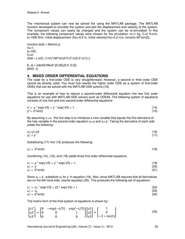 Advantages and Disadvantages of Using MATLAB/ode45 for Solving Differential Equations in ...