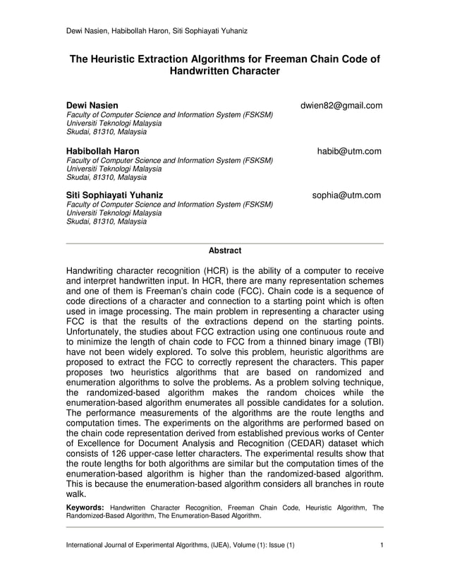 The Heuristic Extraction Algorithms For Freeman Chain Code Of Handwritten Character Pdf