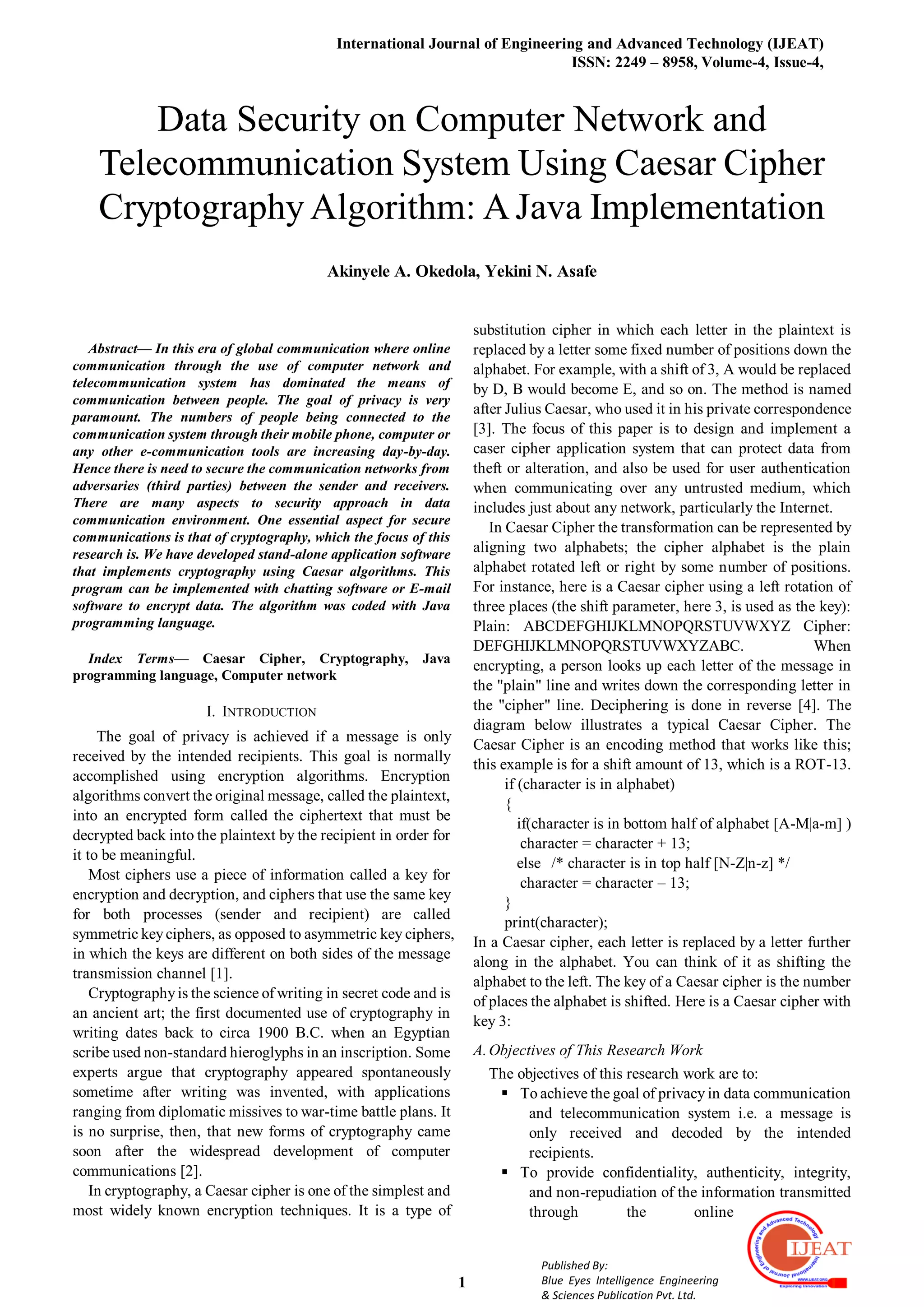 Data Security On Computer Network And Telecommunication System Using Caesar Cipher Cryptography
