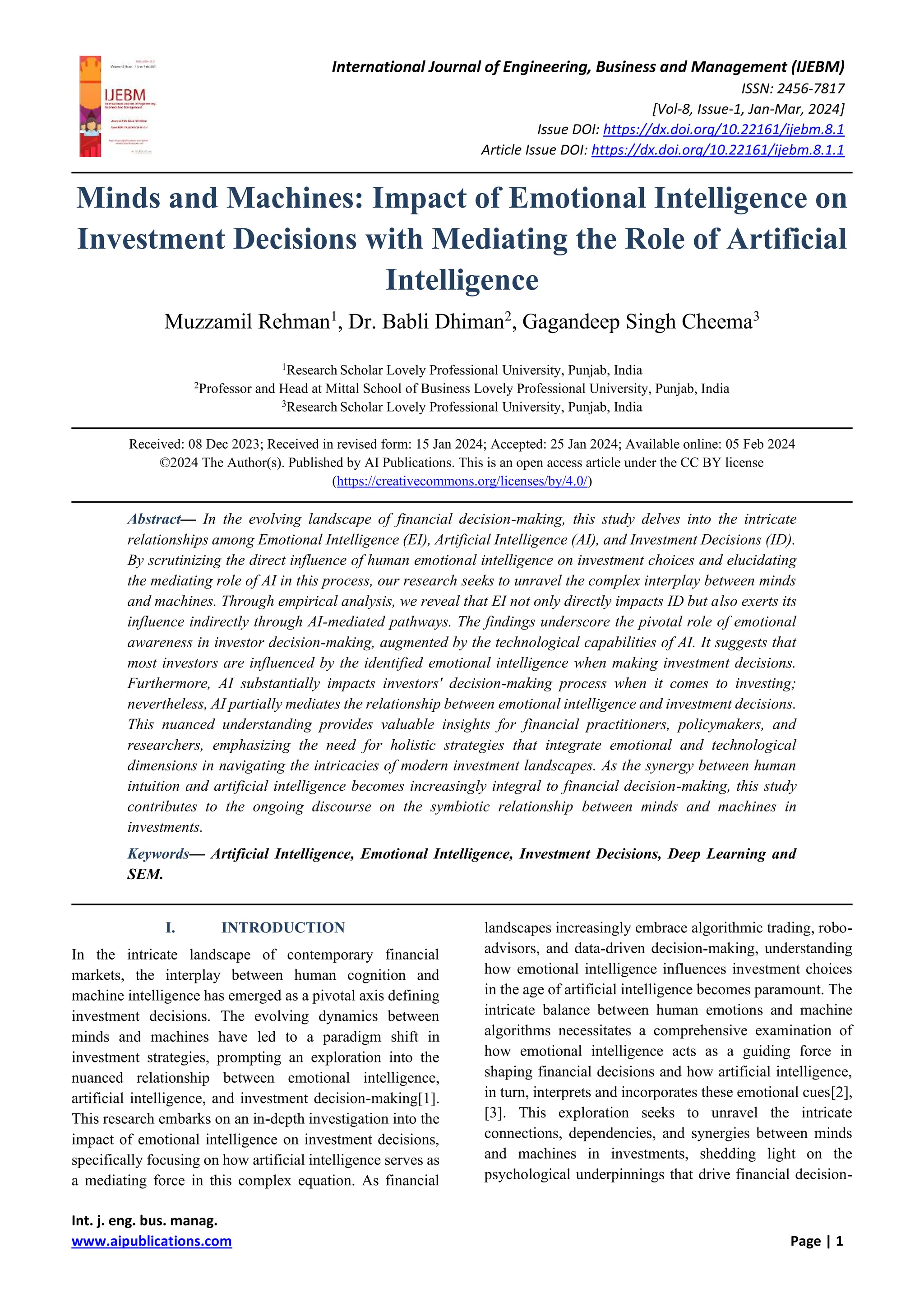 Minds and Machines: Impact of Emotional Intelligence on Investment Decisions with Mediating the ...