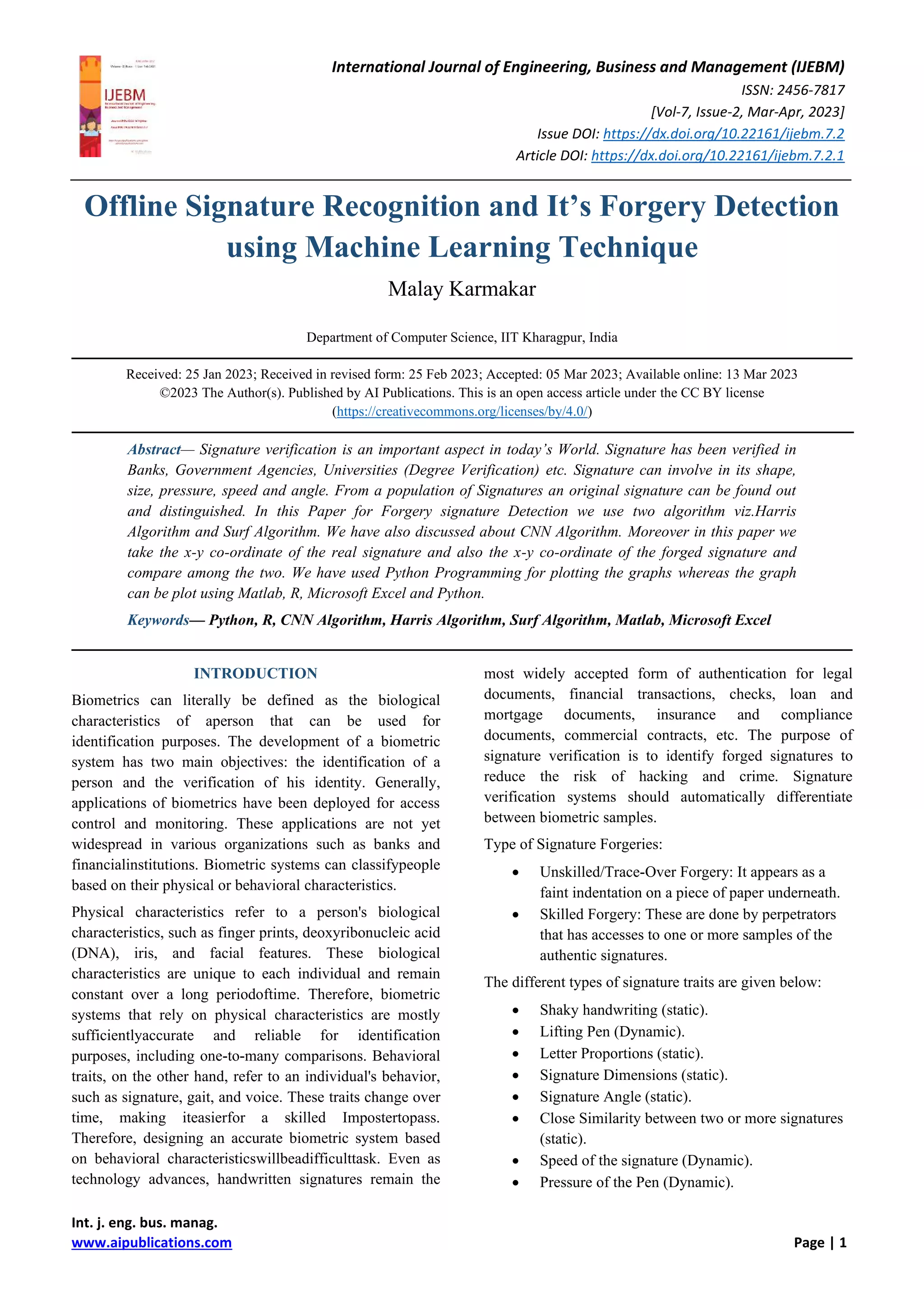 Offline Signature Recognition and It’s Forgery Detection using Machine Learning Technique | PDF ...