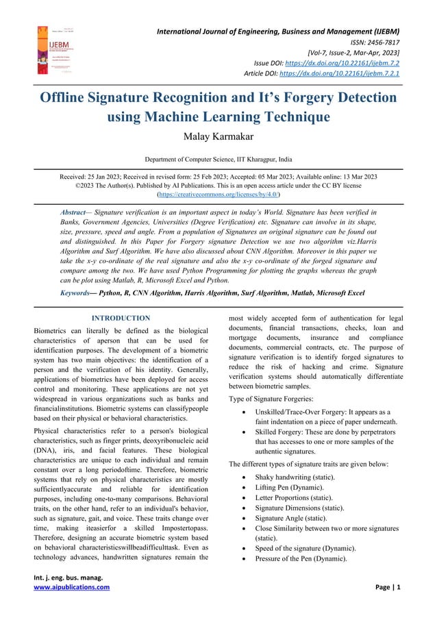 Offline Signature Recognition and It’s Forgery Detection using Machine Learning Technique | PDF ...