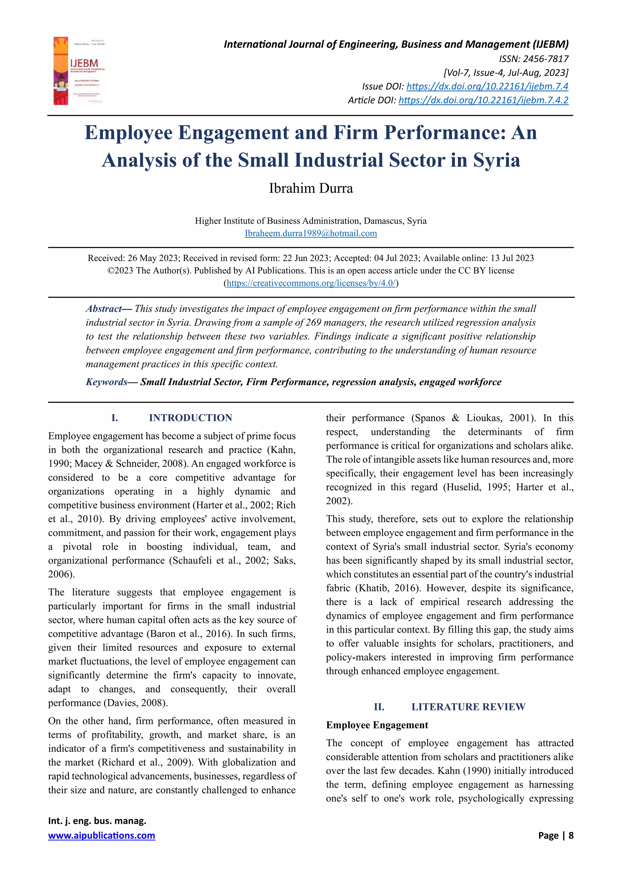 Employee Engagement and Firm Performance: An Analysis of the Small ...