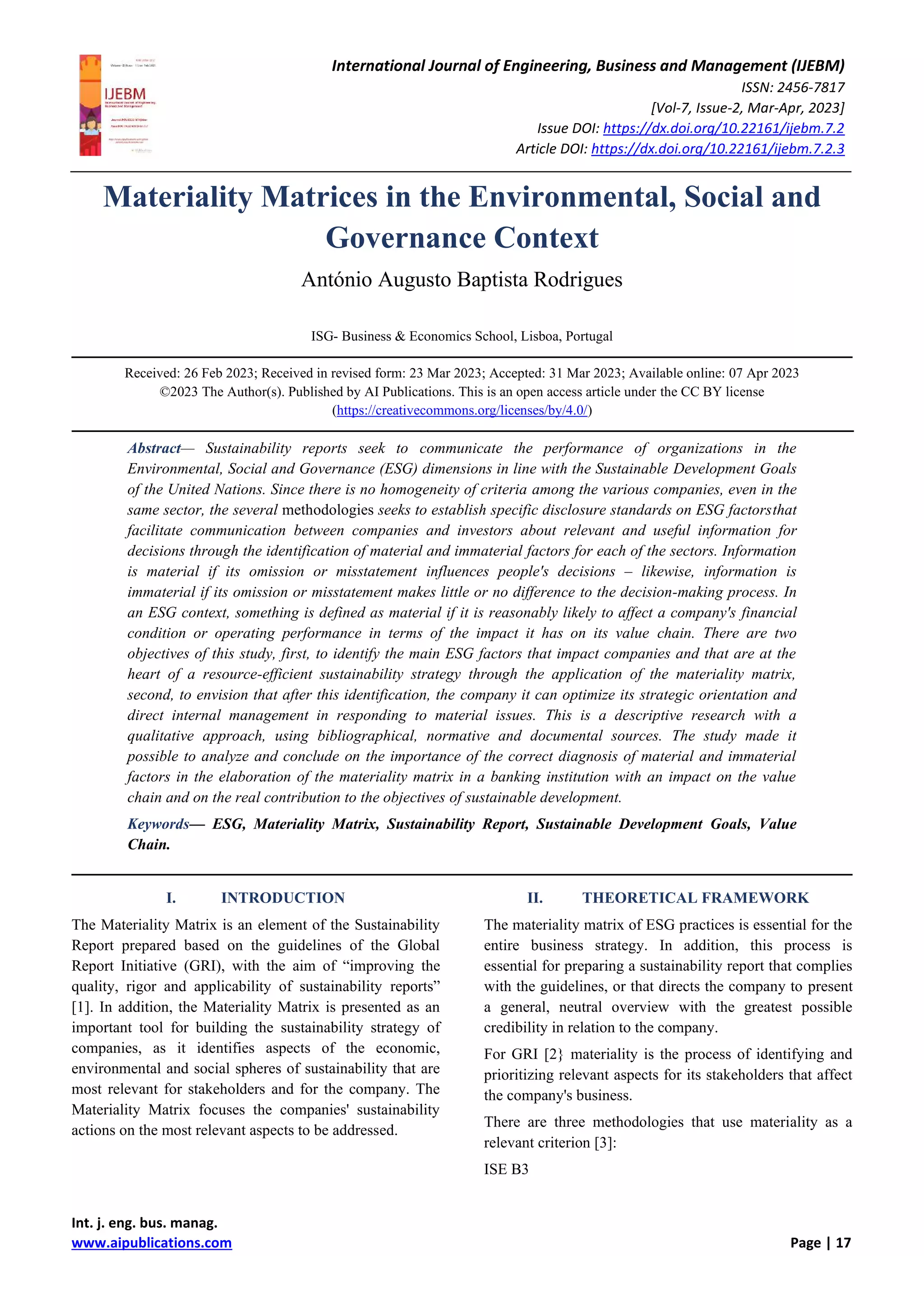 Materiality Matrices in the Environmental, Social and Governance ...