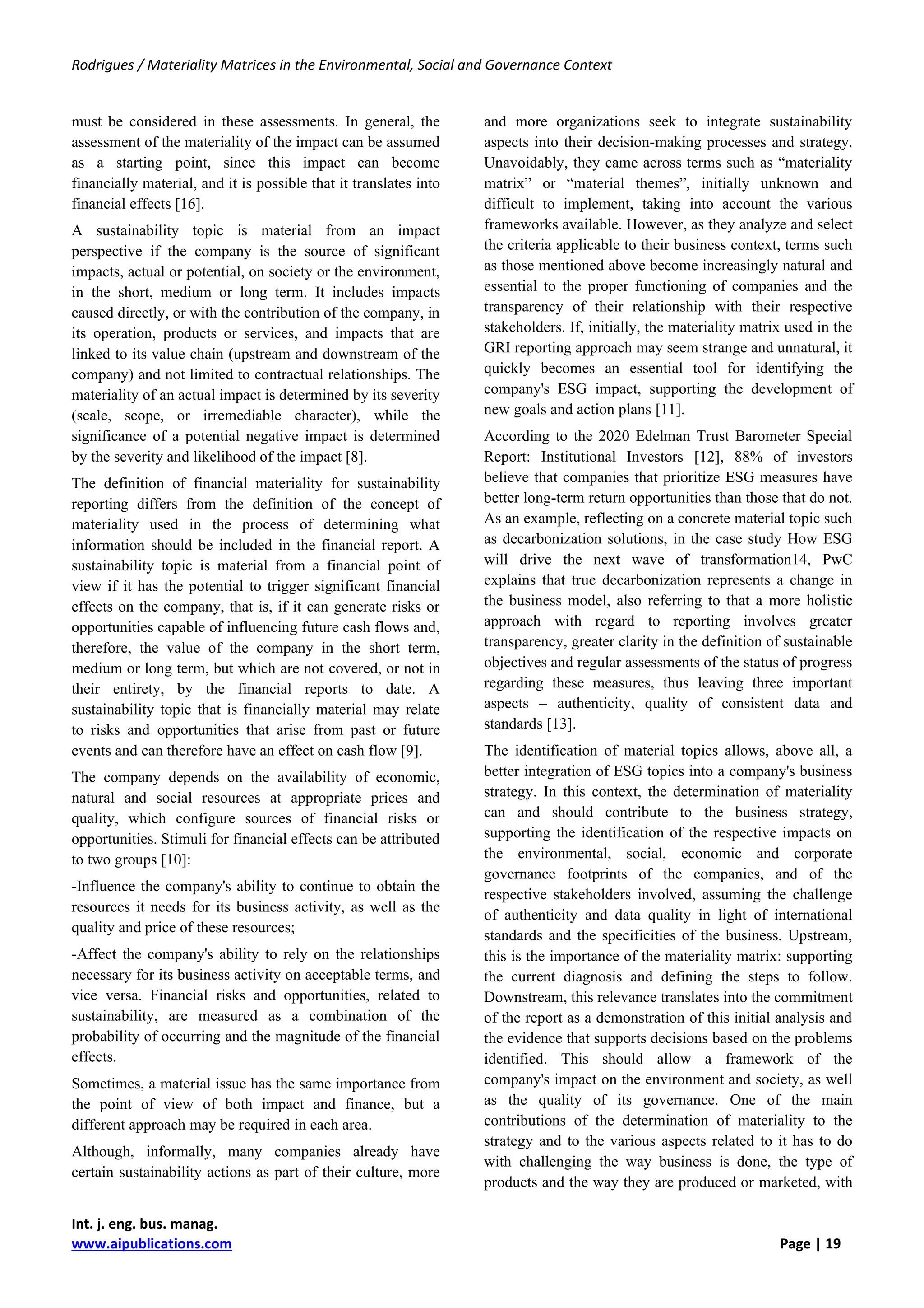 Materiality Matrices in the Environmental, Social and Governance Context | PDF