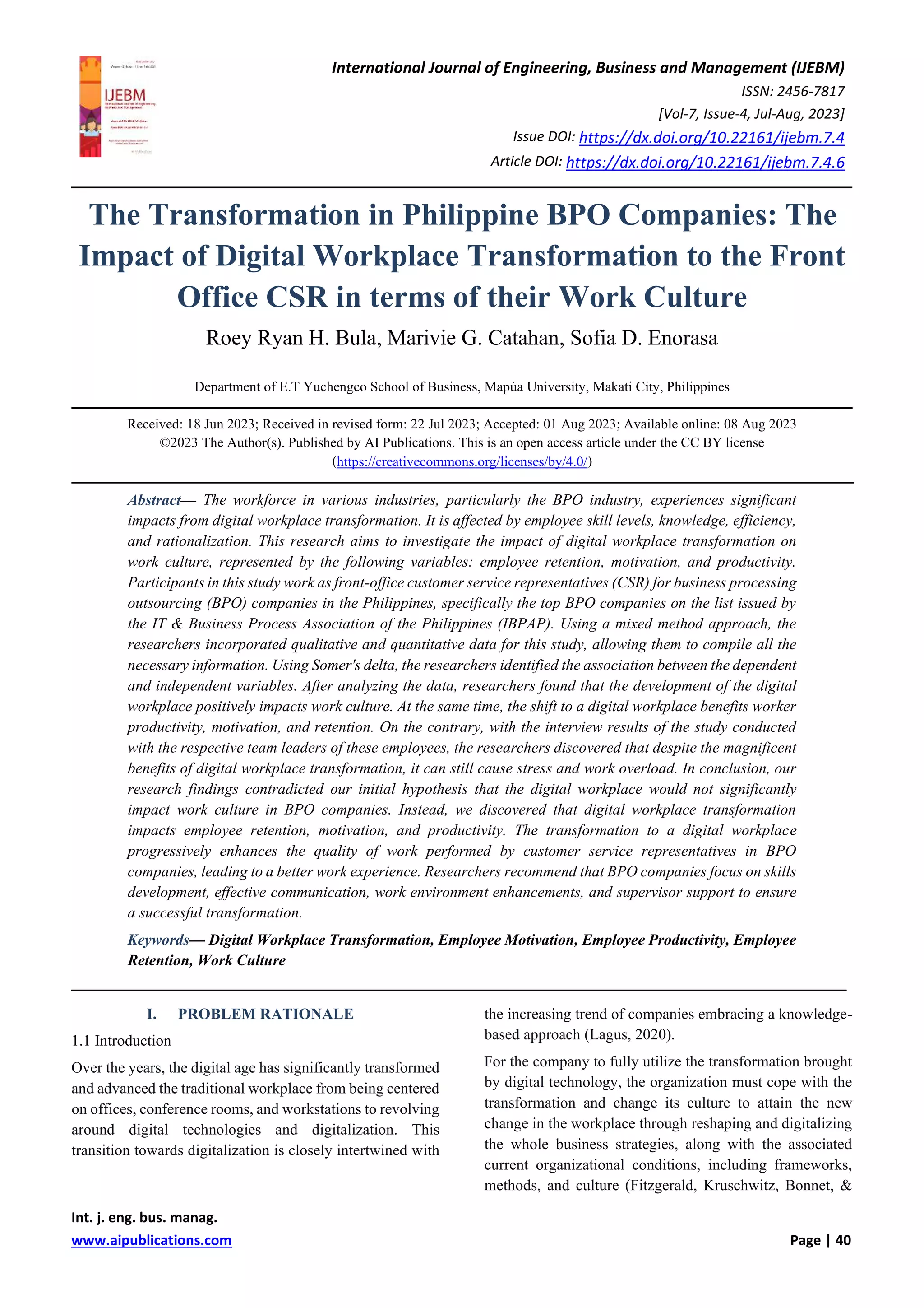 The Transformation in Philippine BPO Companies: The Impact of Digital ...
