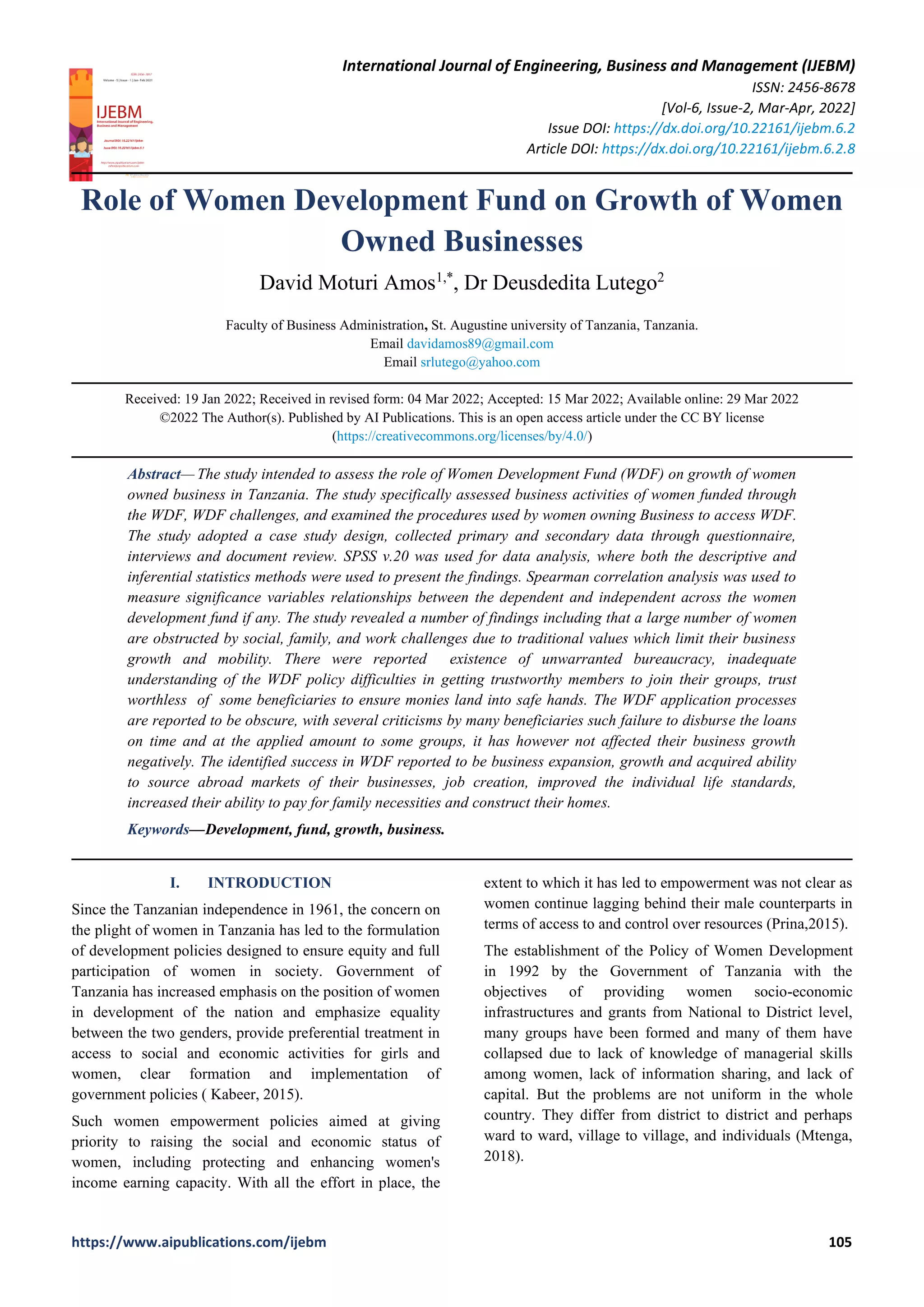 Role of Women Development Fund on Growth of Women Owned Businesses | PDF