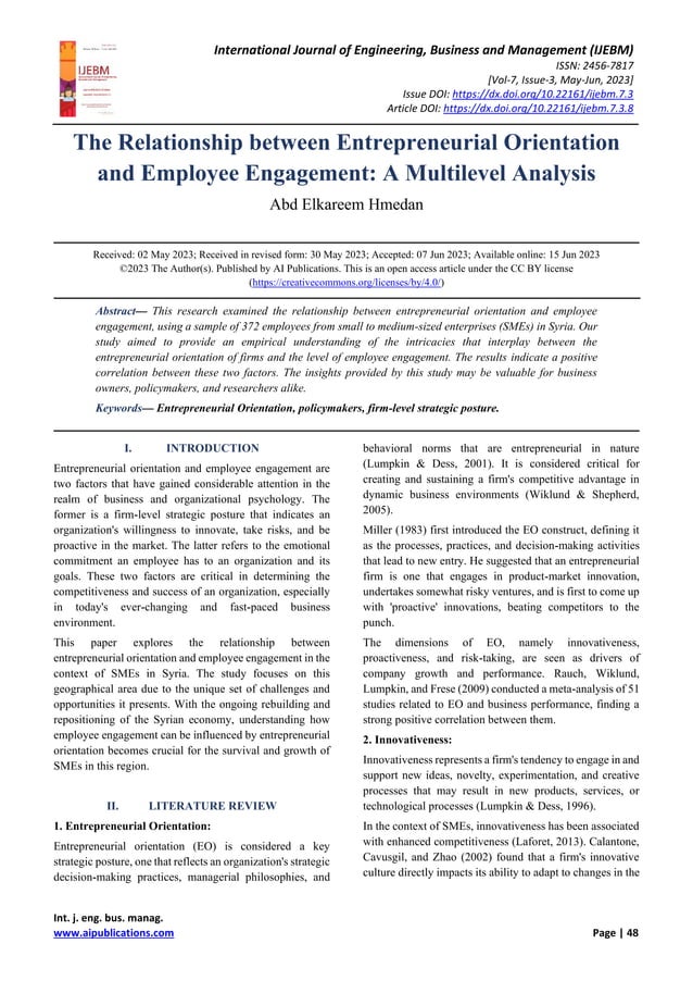 The Relationship between Entrepreneurial Orientation and Employee Engagement: A Multilevel ...
