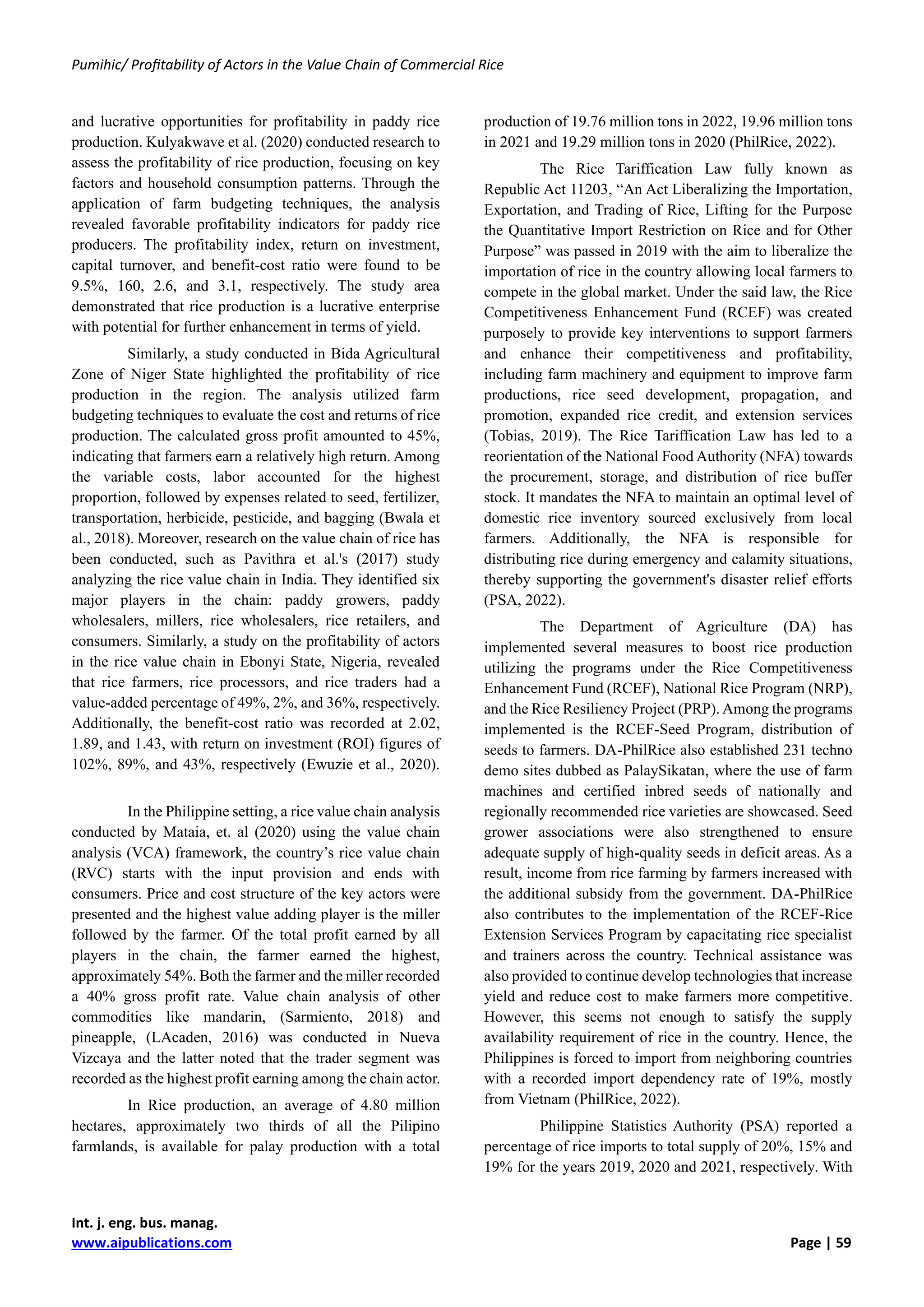 Profitability of Actors in the Value Chain of Commercial Rice | PDF