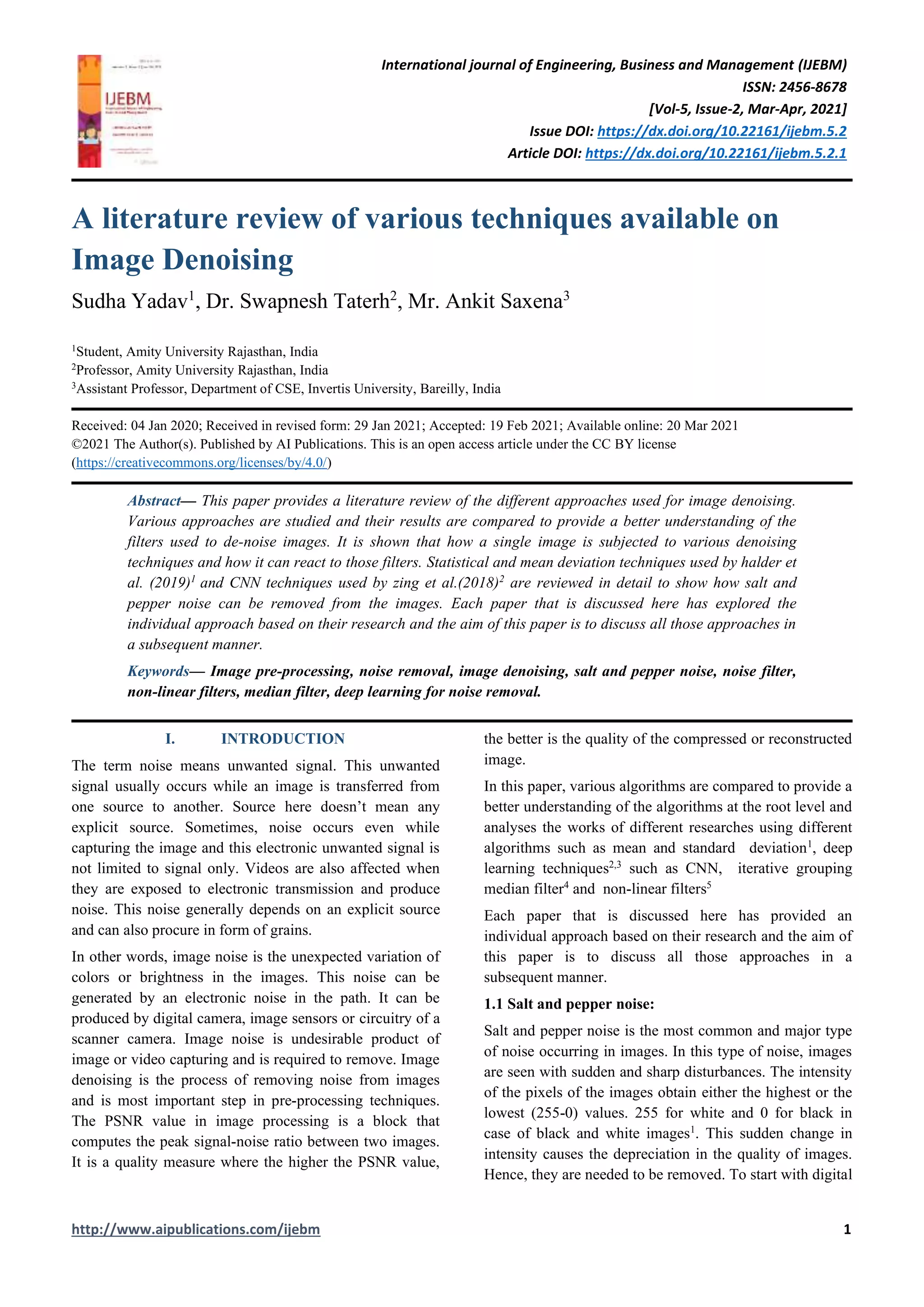 A literature review of various techniques available on Image Denoising | PDF