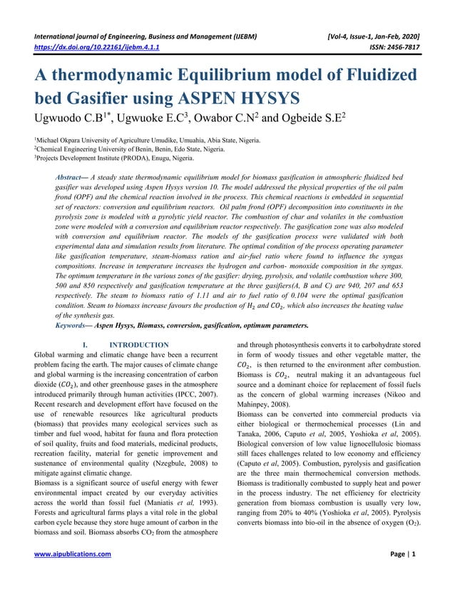 A thermodynamic Equilibrium model of Fluidized bed Gasifier using ASPEN ...