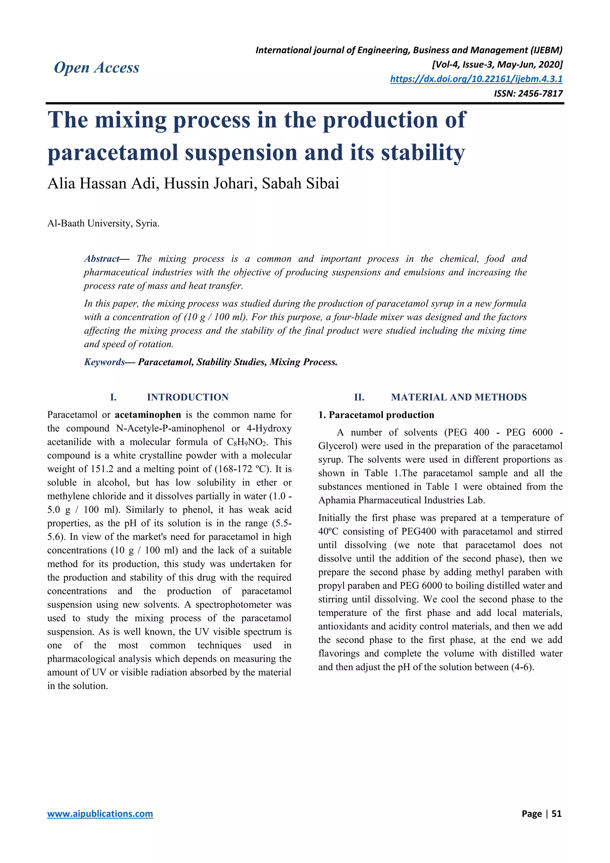 The mixing process in the production of paracetamol suspension and its ...