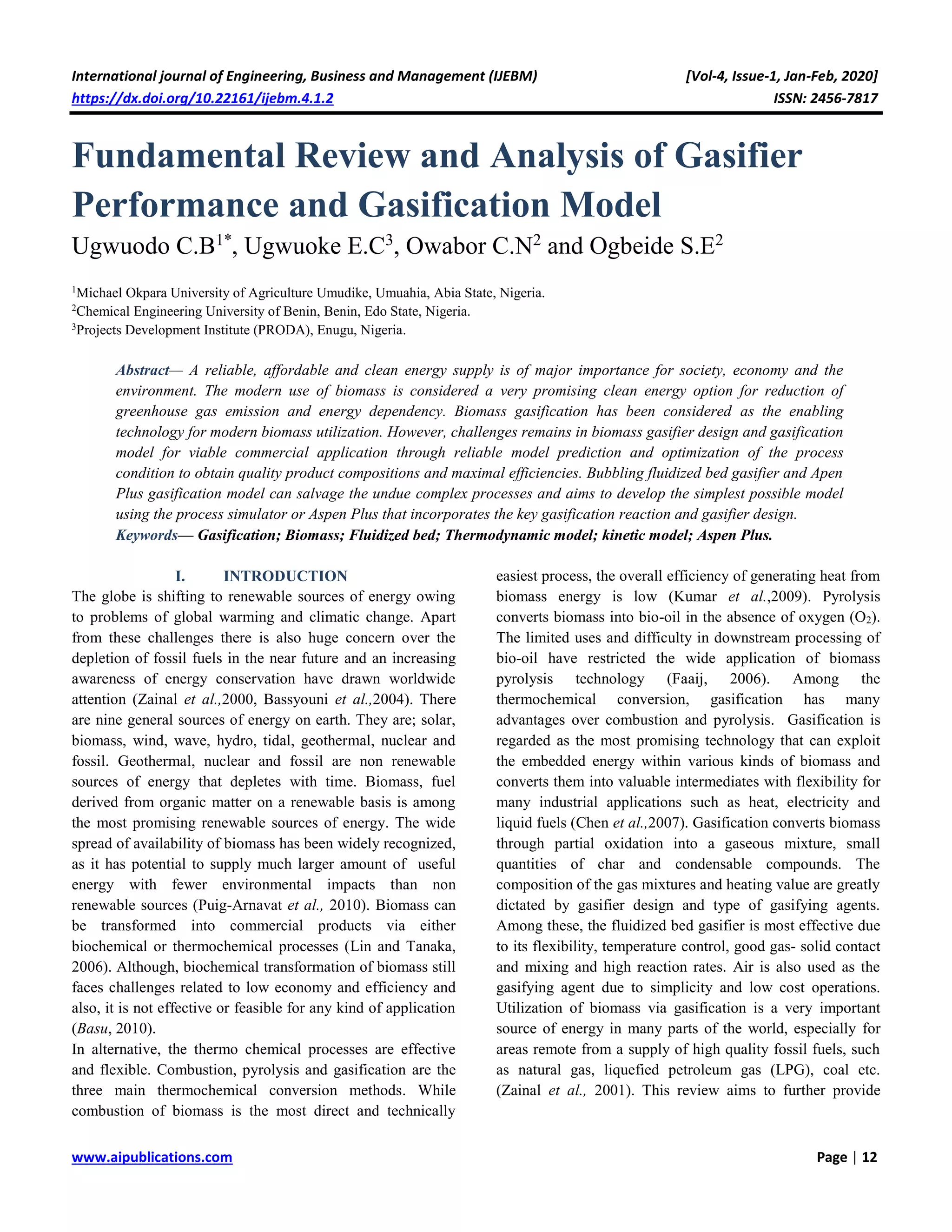 Fundamental Review and Analysis of Gasifier Performance and ...