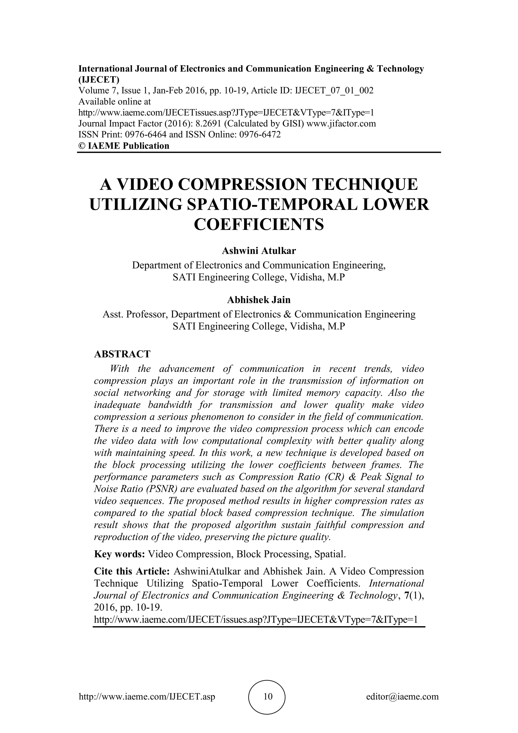 A VIDEO COMPRESSION TECHNIQUE UTILIZING SPATIO-TEMPORAL LOWER COEFFICIENTS | PDF | Video ...