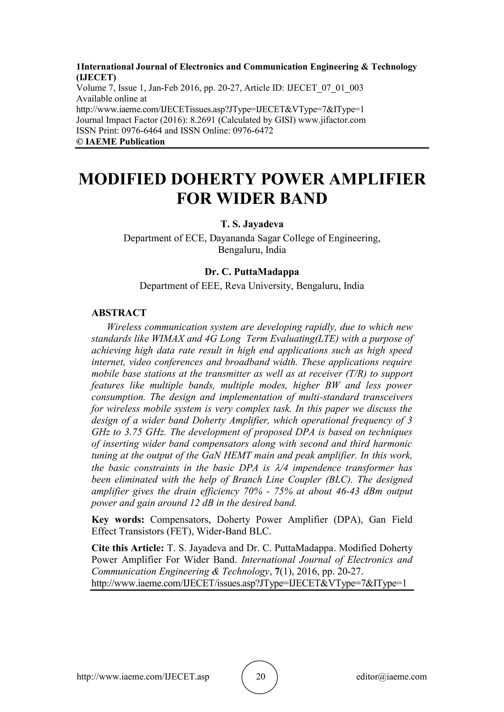 MODIFIED DOHERTY POWER AMPLIFIER FOR WIDER BAND | PDF