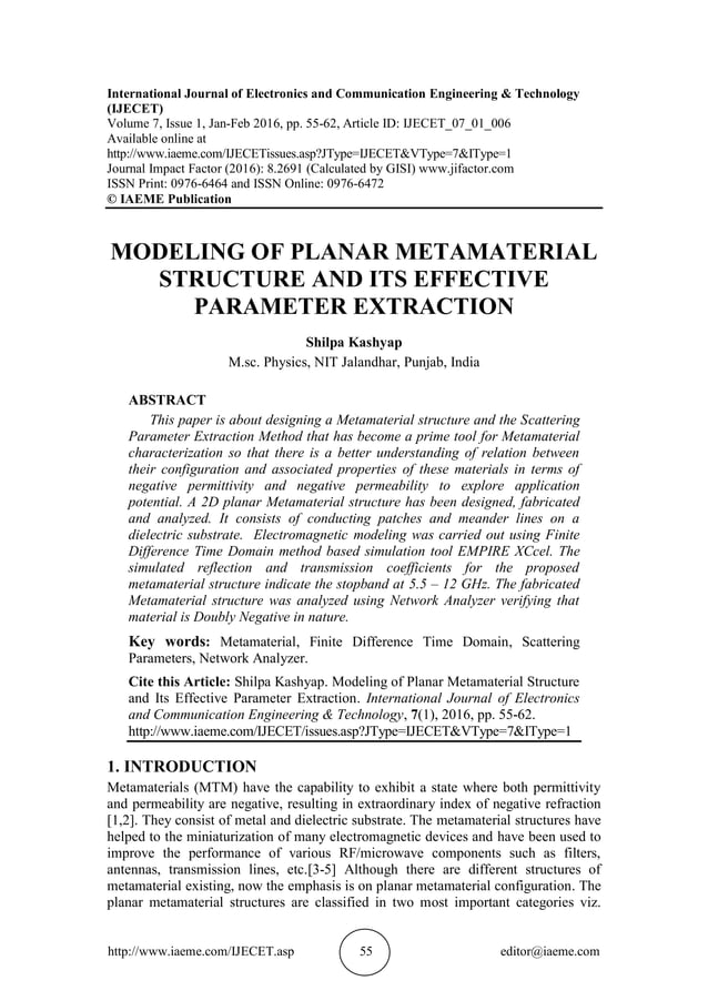 MODELING OF PLANAR METAMATERIAL STRUCTURE AND ITS EFFECTIVE PARAMETER EXTRACTION | PDF