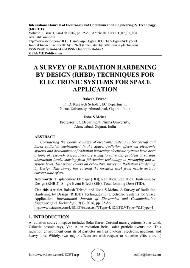 A Survey Of Radiation Hardening By Design Rhbd Techniques For Electronic Systems For Space