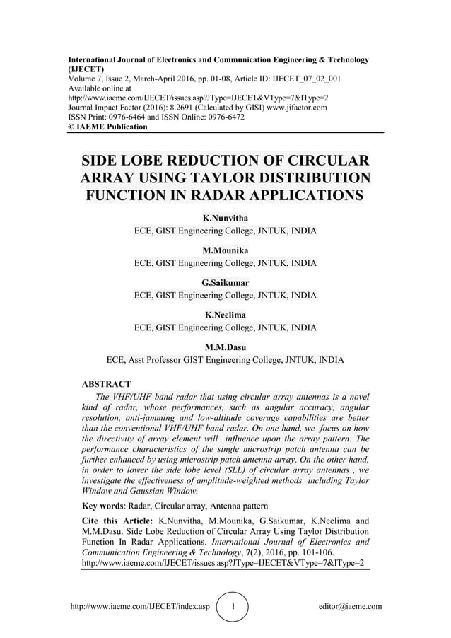 SIDE LOBE REDUCTION OF CIRCULAR ARRAY USING TAYLOR DISTRIBUTION FUNCTION IN RADAR APPLICATIONS | PDF
