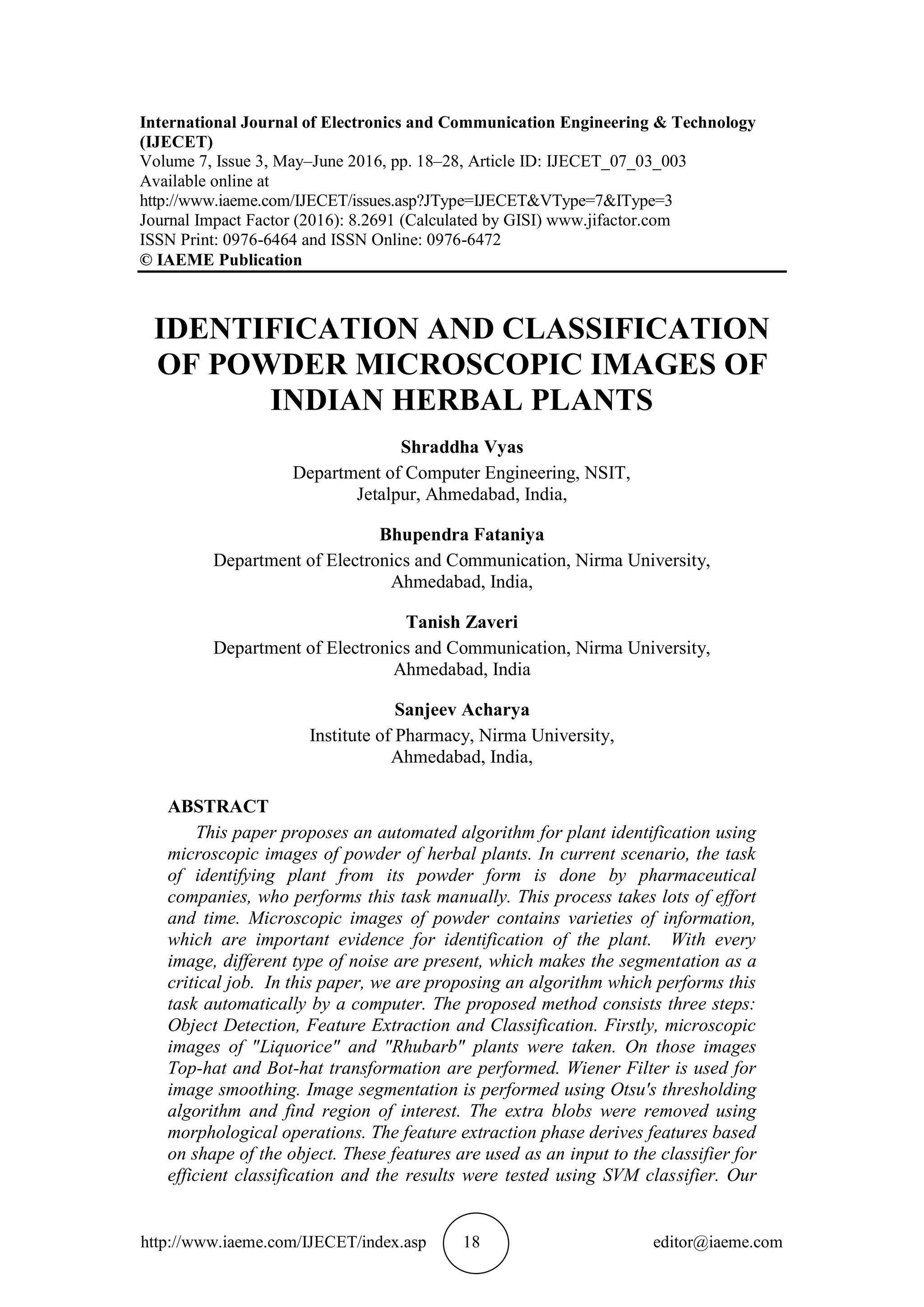 IDENTIFICATION AND CLASSIFICATION OF POWDER MICROSCOPIC IMAGES OF INDIAN HERBAL PLANTS | PDF