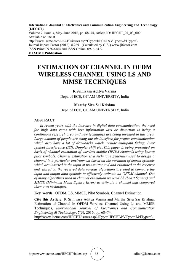 ESTIMATION OF CHANNEL IN OFDM WIRELESS CHANNEL USING LS AND MMSE TECHNIQUES | PDF | Computer ...