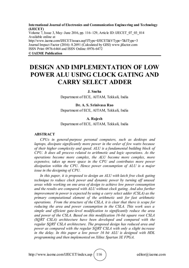 DESIGN AND IMPLEMENTATION OF LOW POWER ALU USING CLOCK GATING AND CARRY SELECT ADDER | PDF ...