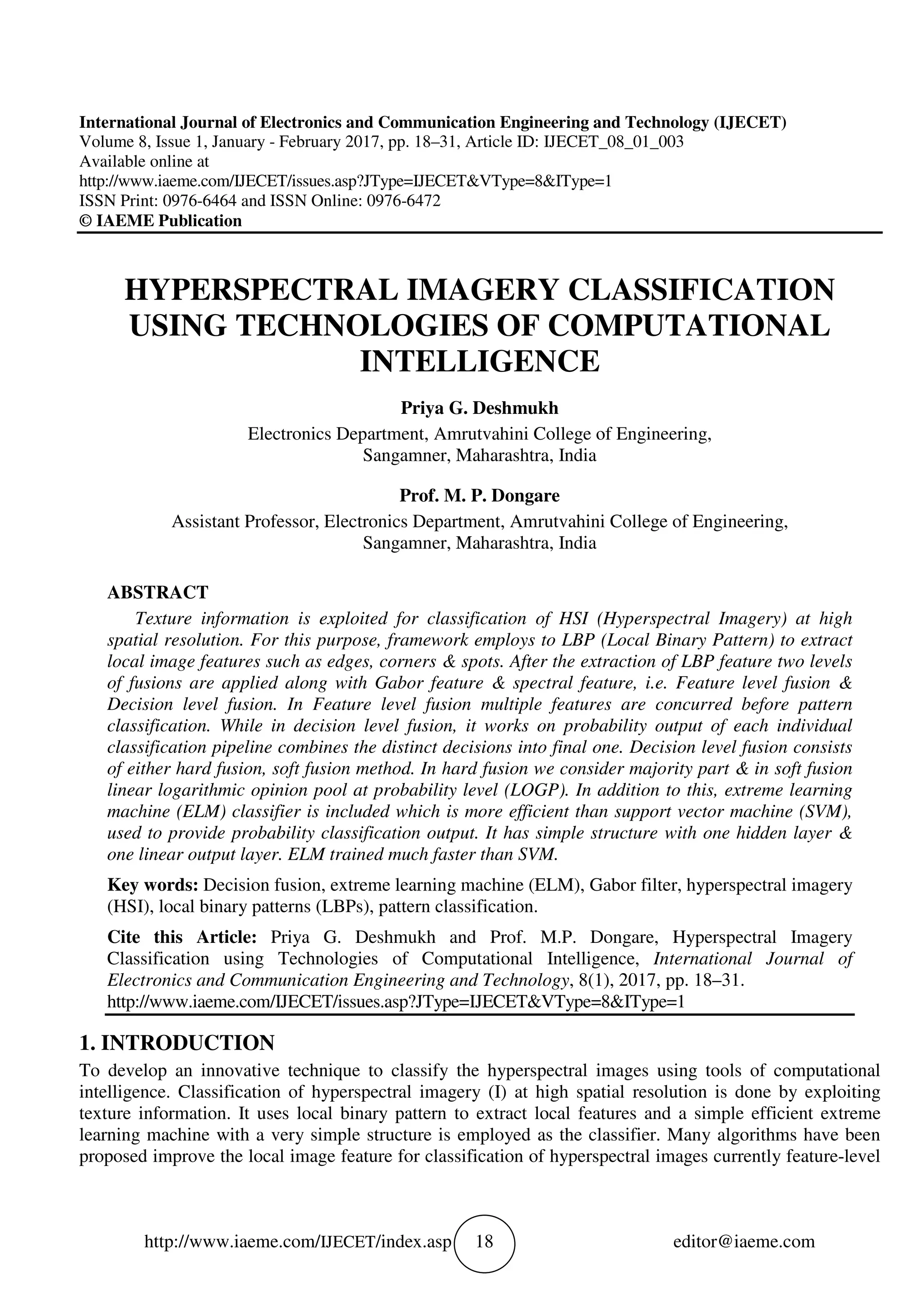 HYPERSPECTRAL IMAGERY CLASSIFICATION USING TECHNOLOGIES OF COMPUTATIONAL INTELLIGENCE | PDF