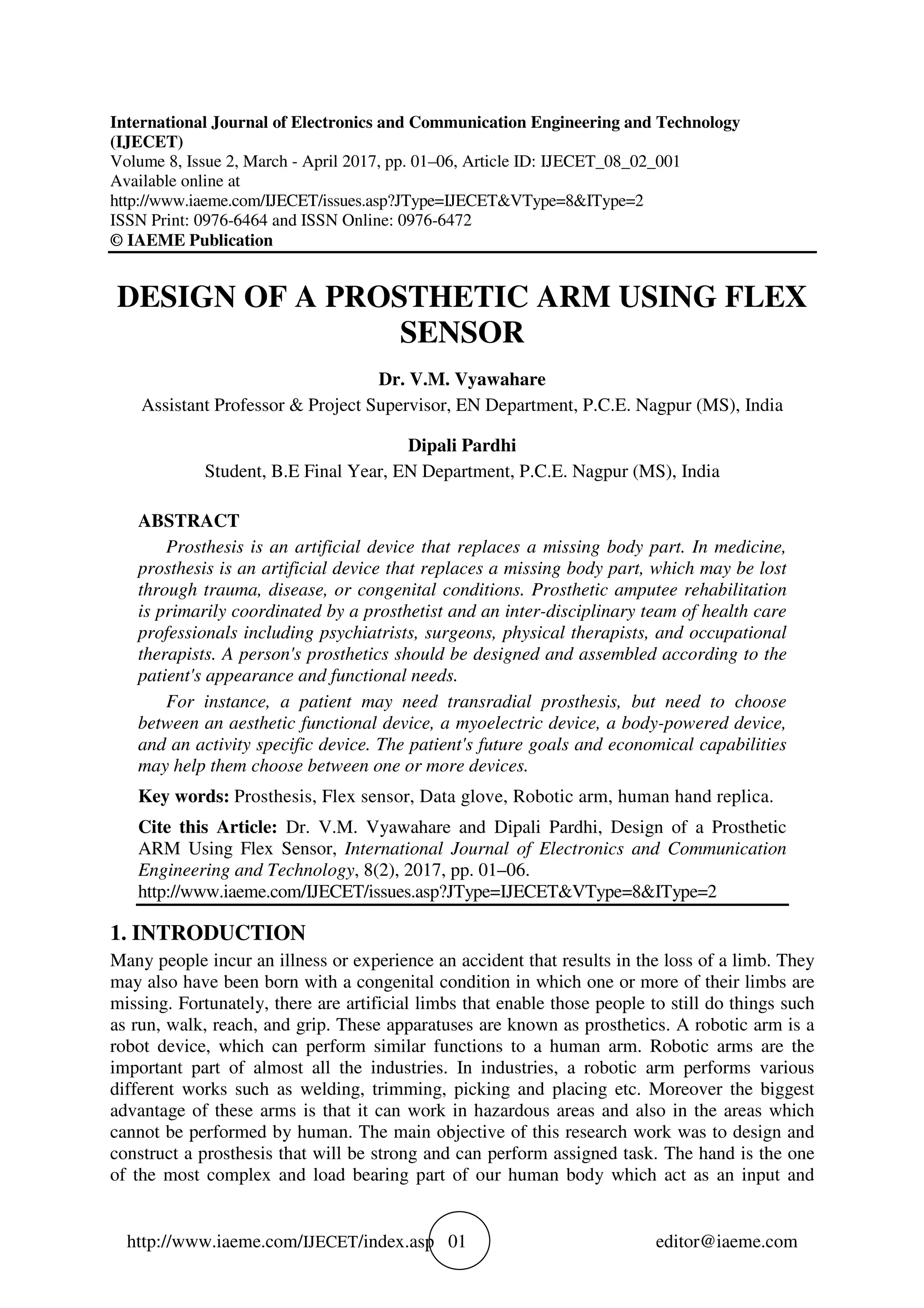 DESIGN OF A PROSTHETIC ARM USING FLEX SENSOR | PDF