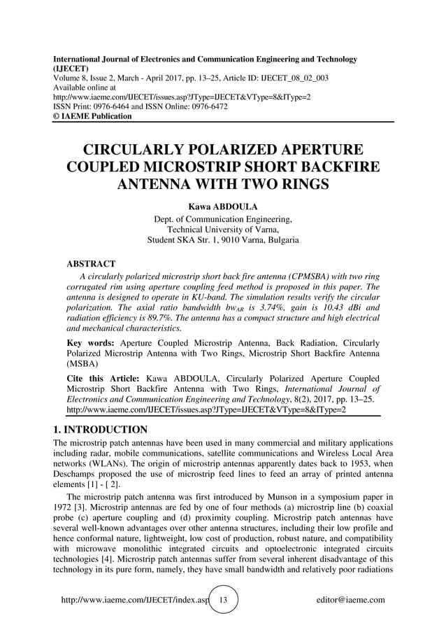 CIRCULARLY POLARIZED APERTURE COUPLED MICROSTRIP SHORT BACKFIRE ANTENNA WITH TWO RINGS | PDF