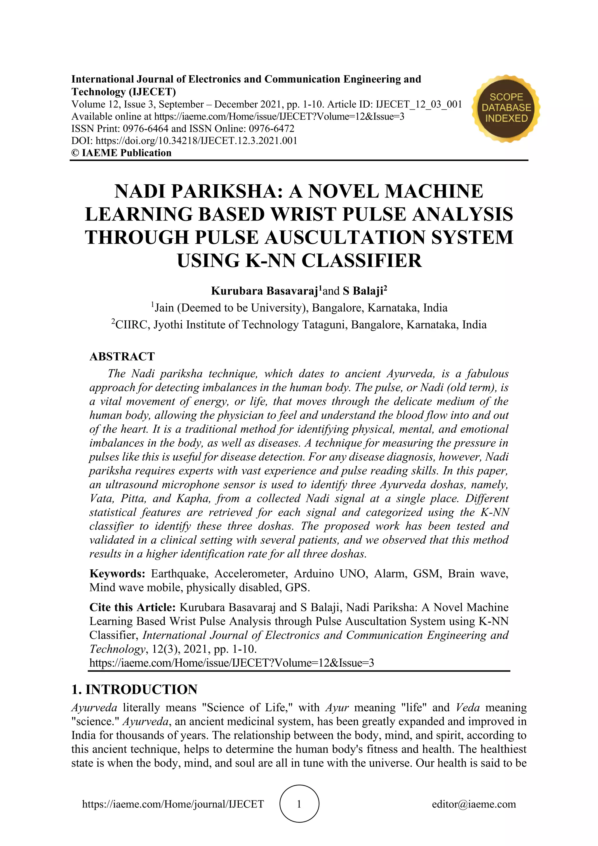 NADI PARIKSHA: A NOVEL MACHINE LEARNING BASED WRIST PULSE ANALYSIS ...