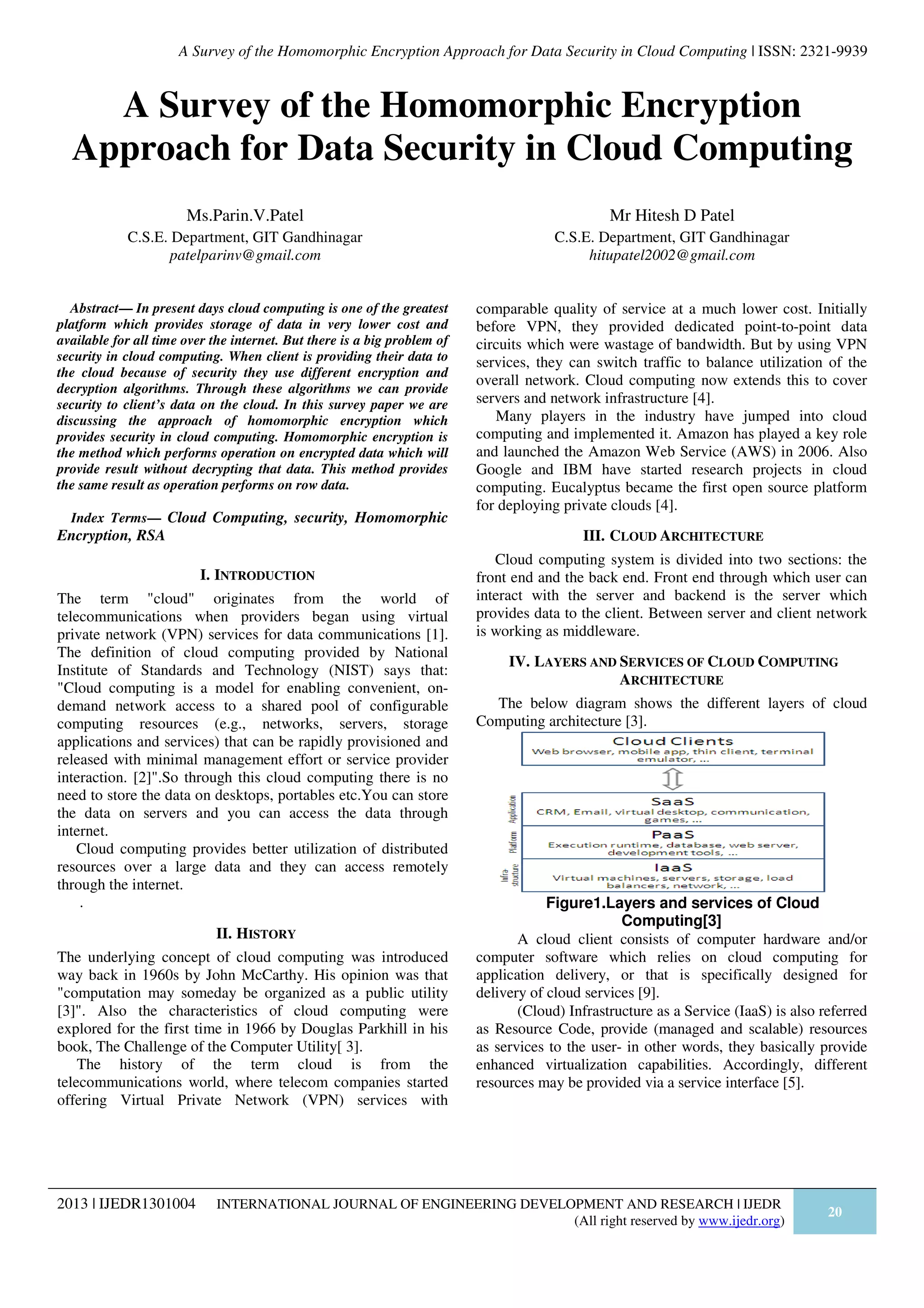 A Survey of the Homomorphic Encryption Approach for Data Security in Cloud Computing | PDF ...